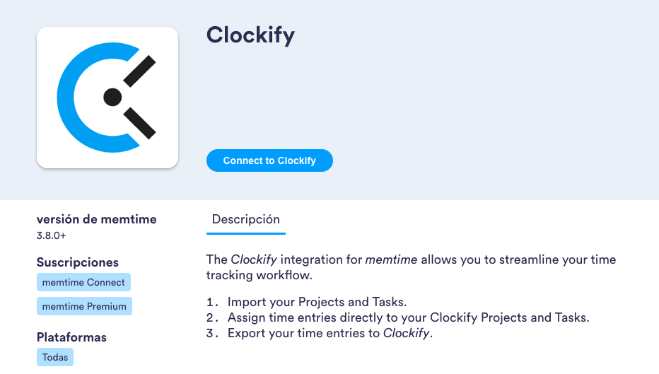 Cómo conectar Clockify a Memtime
